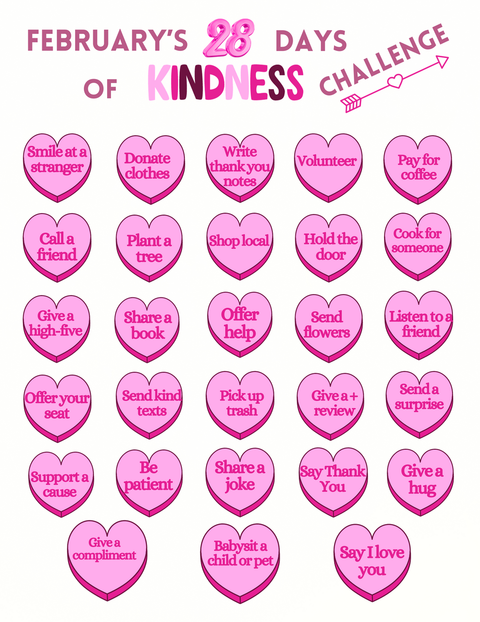 February's 28 Day Kindness Challenge Printable; fun game for Valentine ...